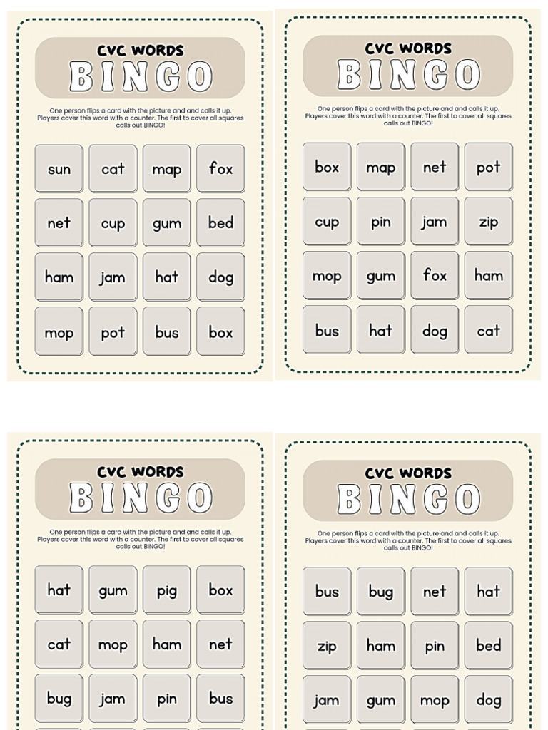 CVC Word Bingo Printable Cards | PDF