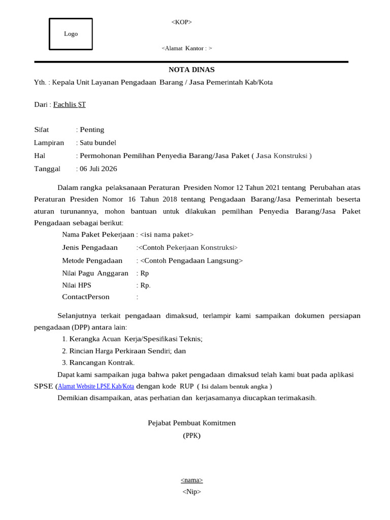 Nota Dinas Pengadaan Jasa Konstruksi | PDF