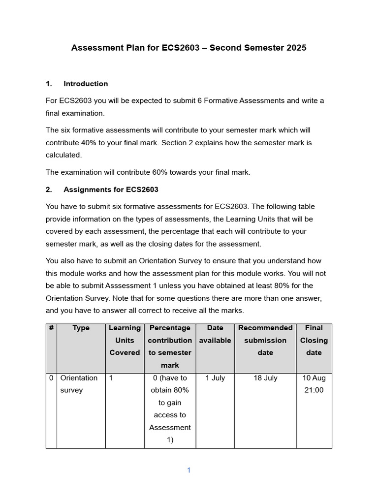 ECS2603 Assessment Plan Overview | PDF | Educational Assessment ...