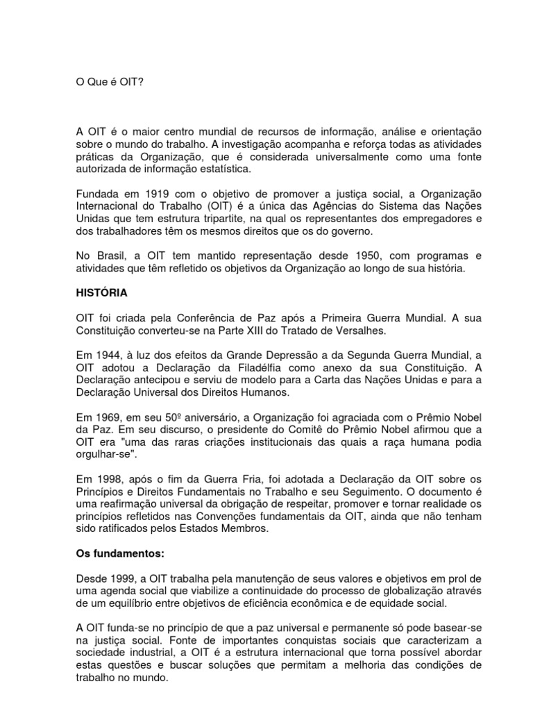 O Que é Oit Pdf Organização Internacional Do Trabalho Relações