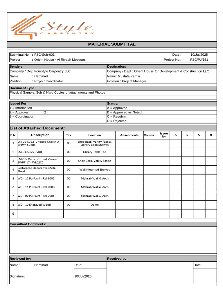Material Submittal Form | PDF | Architectural Elements