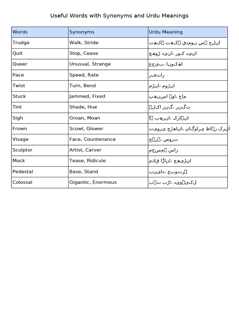 Useful Vocabulary With Urdu Meanings | PDF