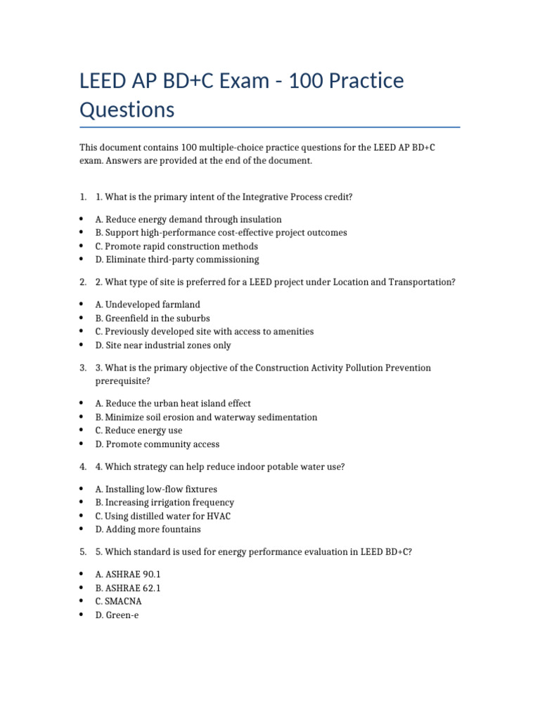 LEED AP BD+C Exam Practice Questions | PDF | Building Insulation ...