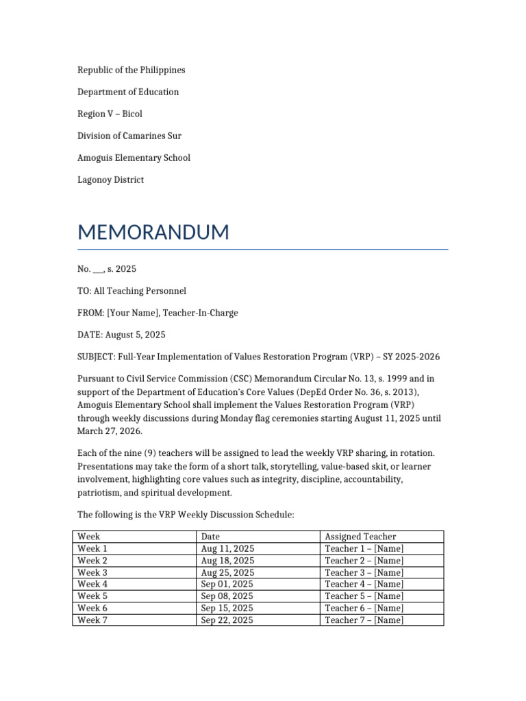 MEMO VRP Weekly Implementation FullYear 2025 2026 | PDF | Teaching ...