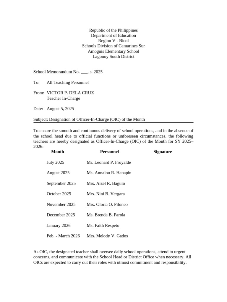 OIC Designations for Amoguis Elementary | PDF