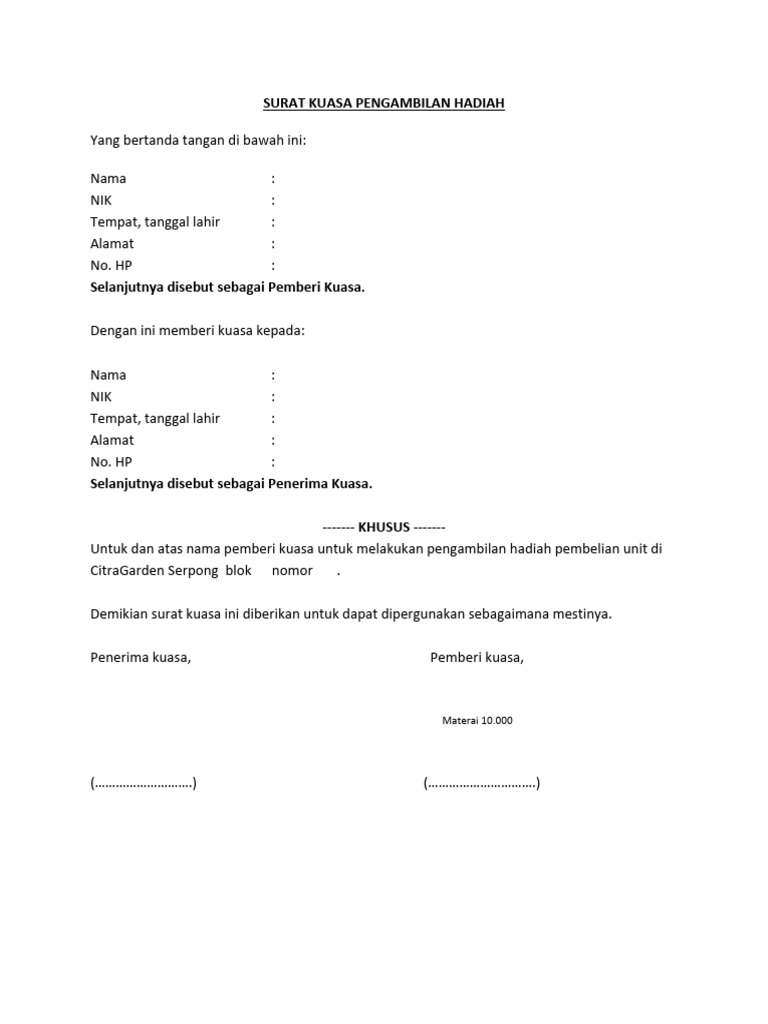 Contoh Surat Kuasa Pengambil Hadiah | PDF