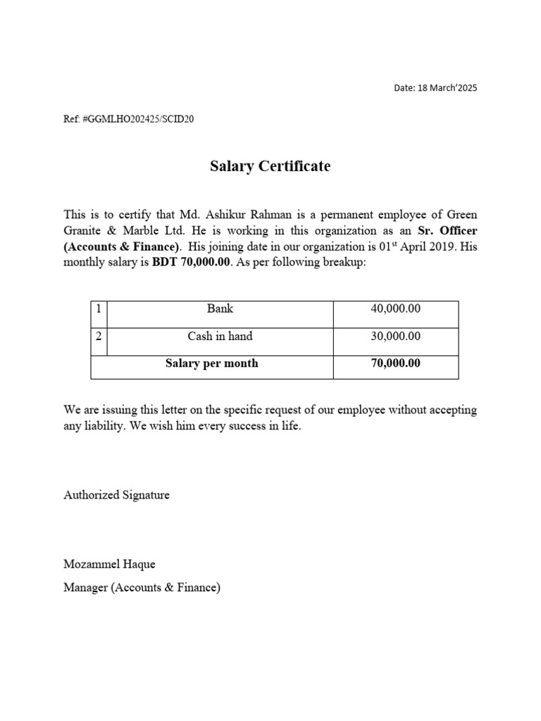 Salary Certificate for Md. Ashikur Rahman | PDF