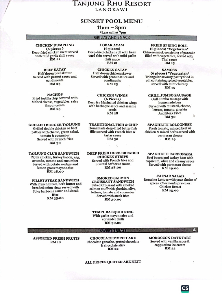 Tanjung Rhu Resort Menu | PDF