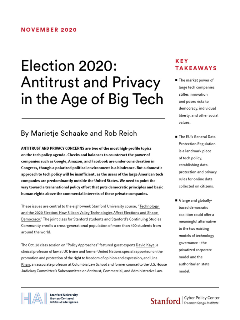 2020 年大选：大型科技时代的反垄断和隐私 | PDF | Privacy | Competition Law