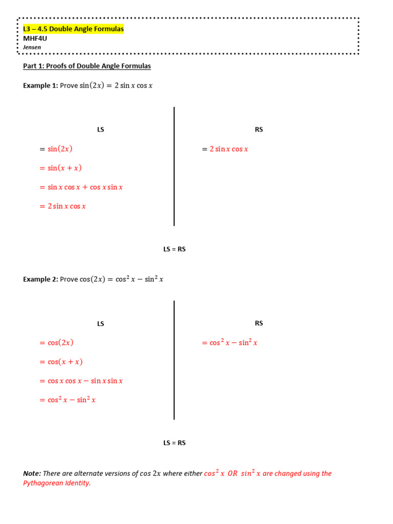 Double Angle Formulas Explained | PDF | Trigonometric Functions ...
