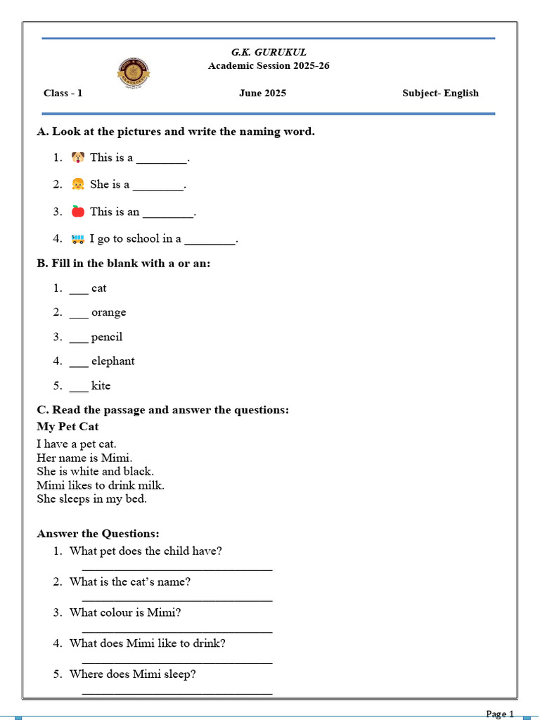 Grade 1 Eng Worksheet | PDF