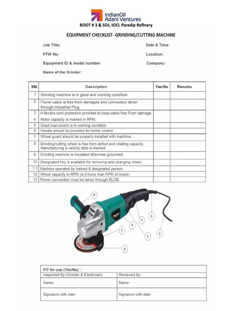 Grinding Cutting Set Checklist | PDF