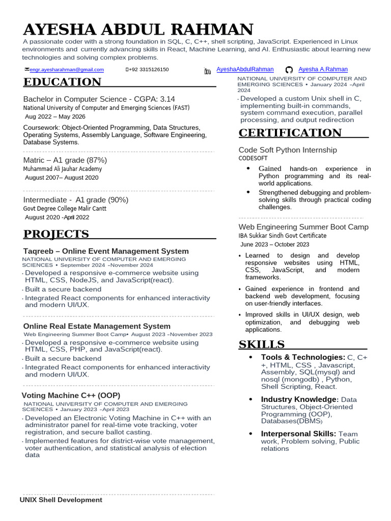Ayesha Abdul Rahman Resume | PDF | Databases | Object Oriented Programming