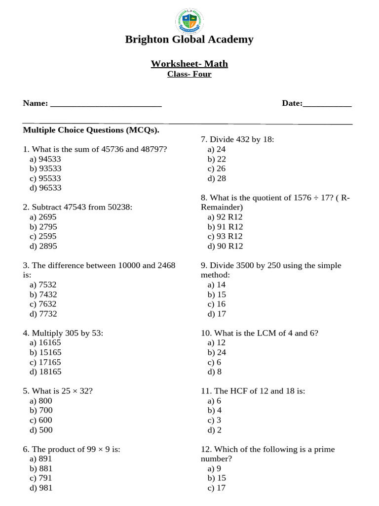 Math Worksheet Class Four-1 | PDF | Subtraction | Multiplication