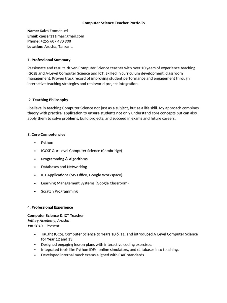 Computer Science Teacher Portfolio | PDF | Educational Technology ...