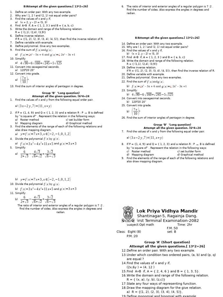 Class 8 Opt Maths Set A | PDF | Function (Mathematics) | Angle