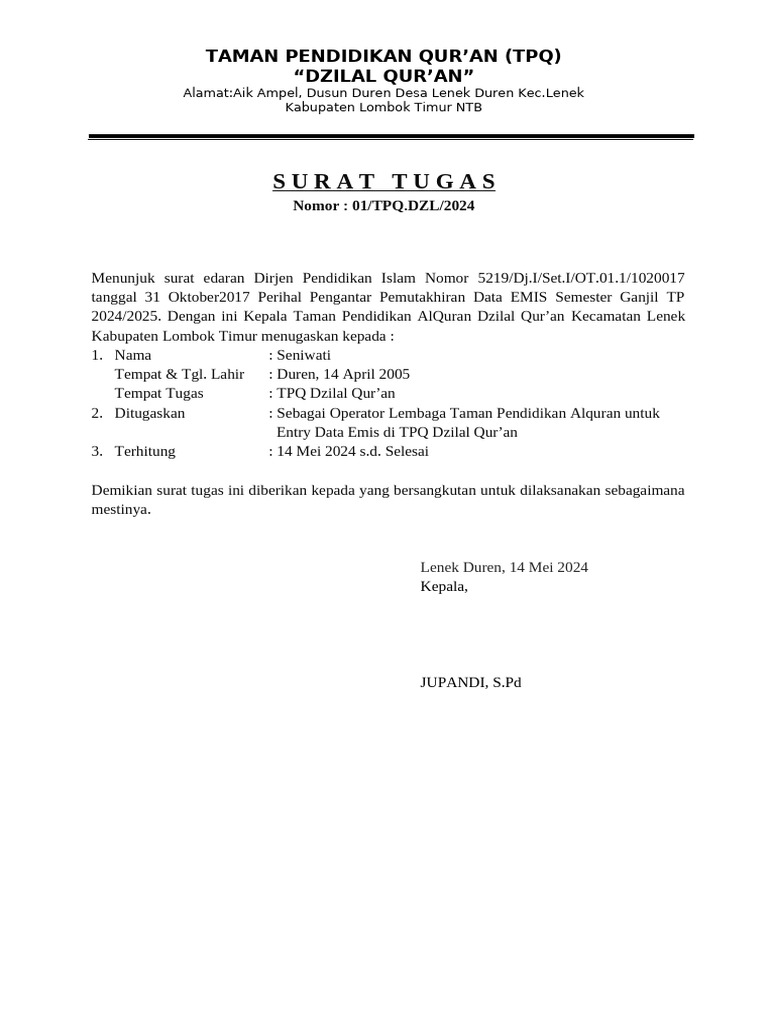 Contoh SK Surat Tugas Operator Emis | PDF