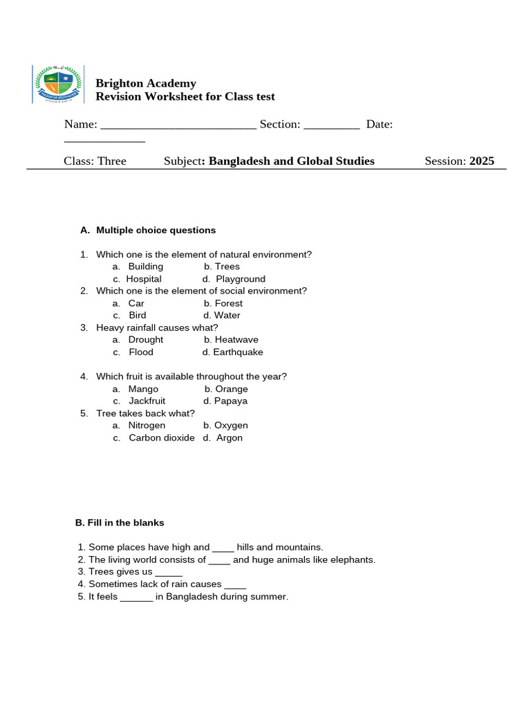 Class 3 BGS Worksheet | PDF