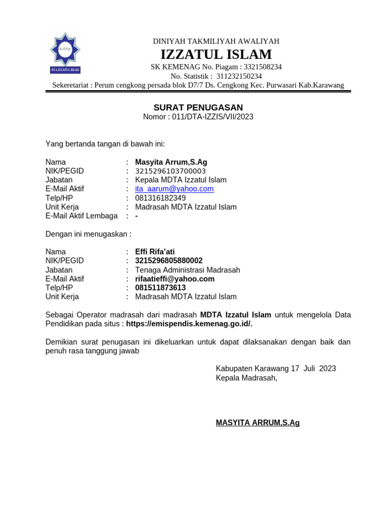 Surat Tugas Operator EMIS Madrasah | PDF