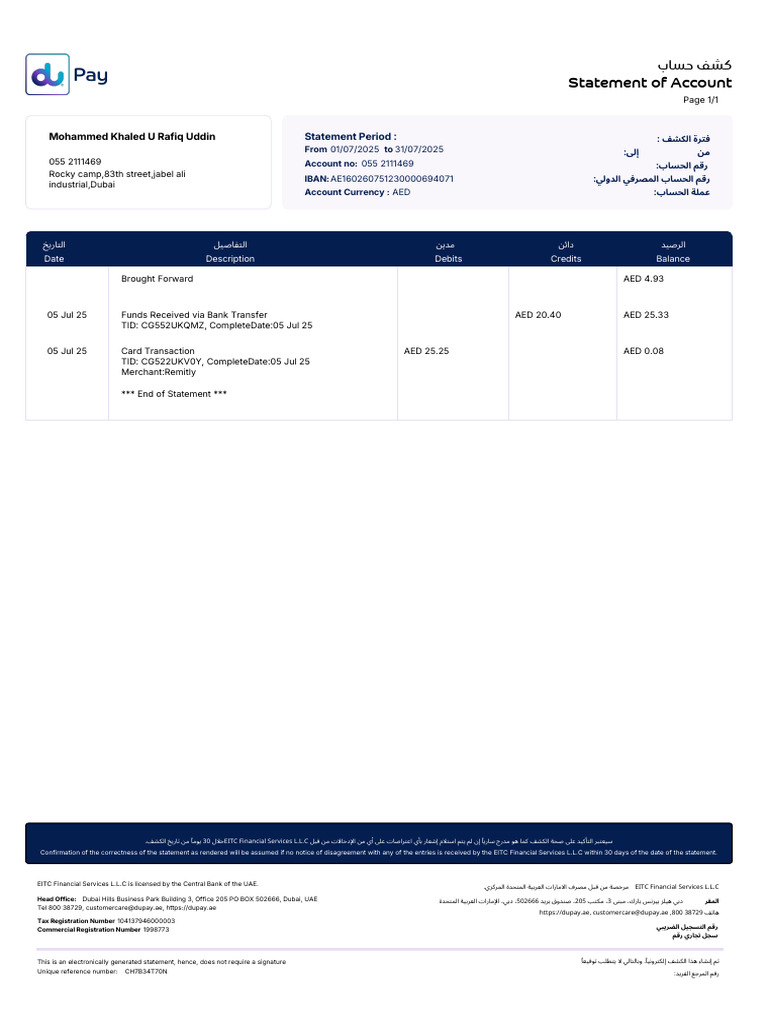 Du Pay - Statement - 2025-07-01 - To - 2025-07-31 | PDF | Service ...