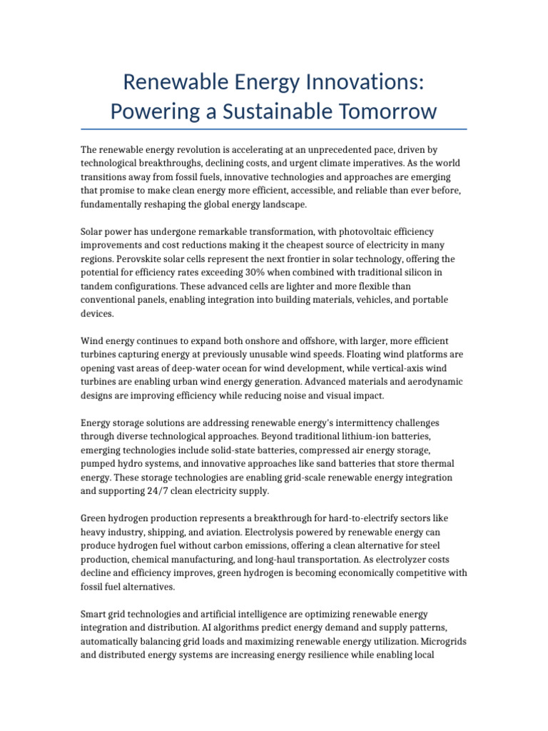 Essay 09 Renewable Energy Innovations P | PDF | Renewable Energy | Wind ...