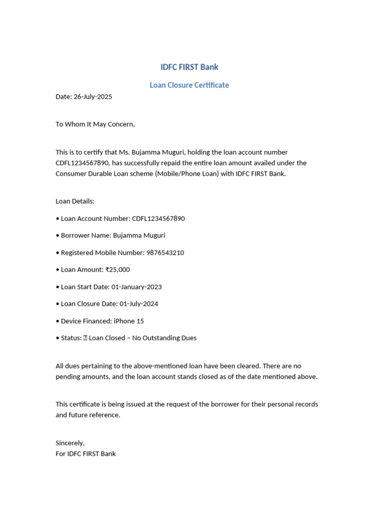IDFC Loan Closure Certificate Bujamma Muguri | PDF