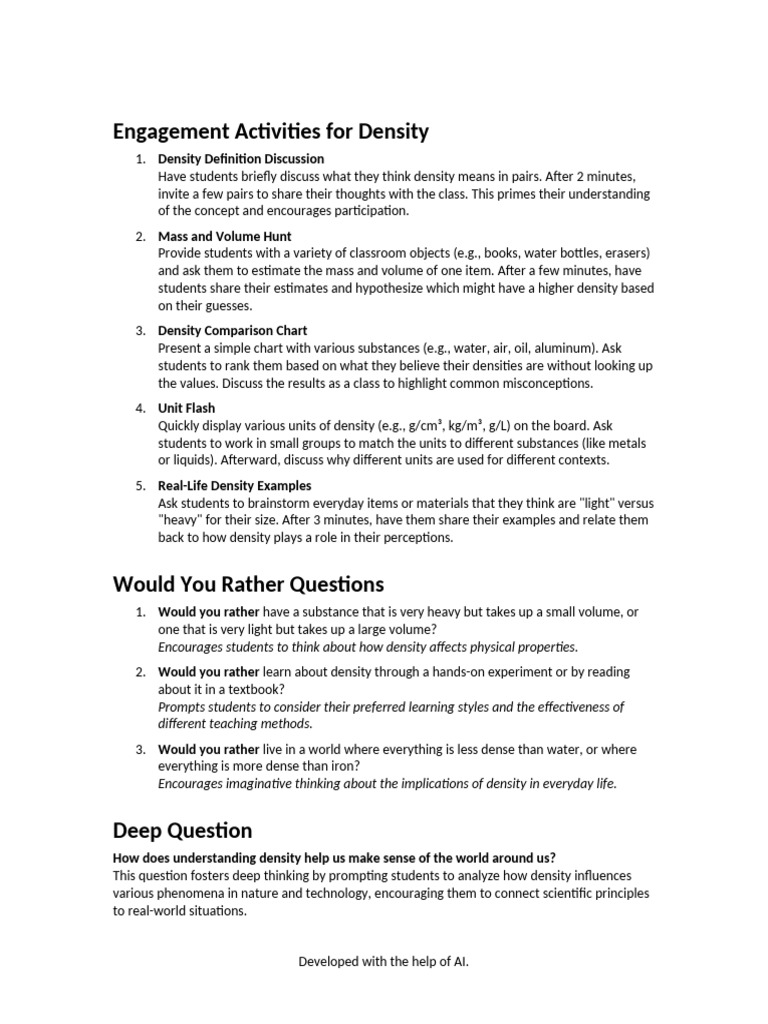 Density Exploration Activities For Grade 8 | PDF | Density | Cognition