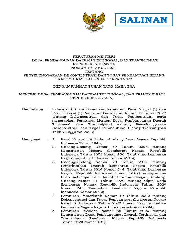 Permendes 10/2022 tentang Transmigrasi | PDF