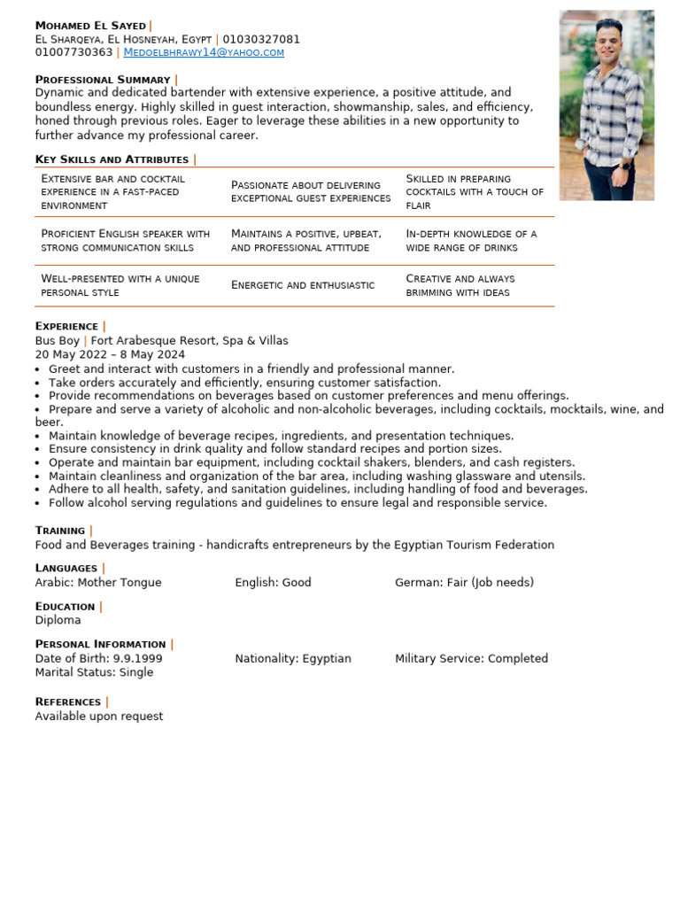 Mohamed El Sayed Resume | PDF | Drink | Cocktails