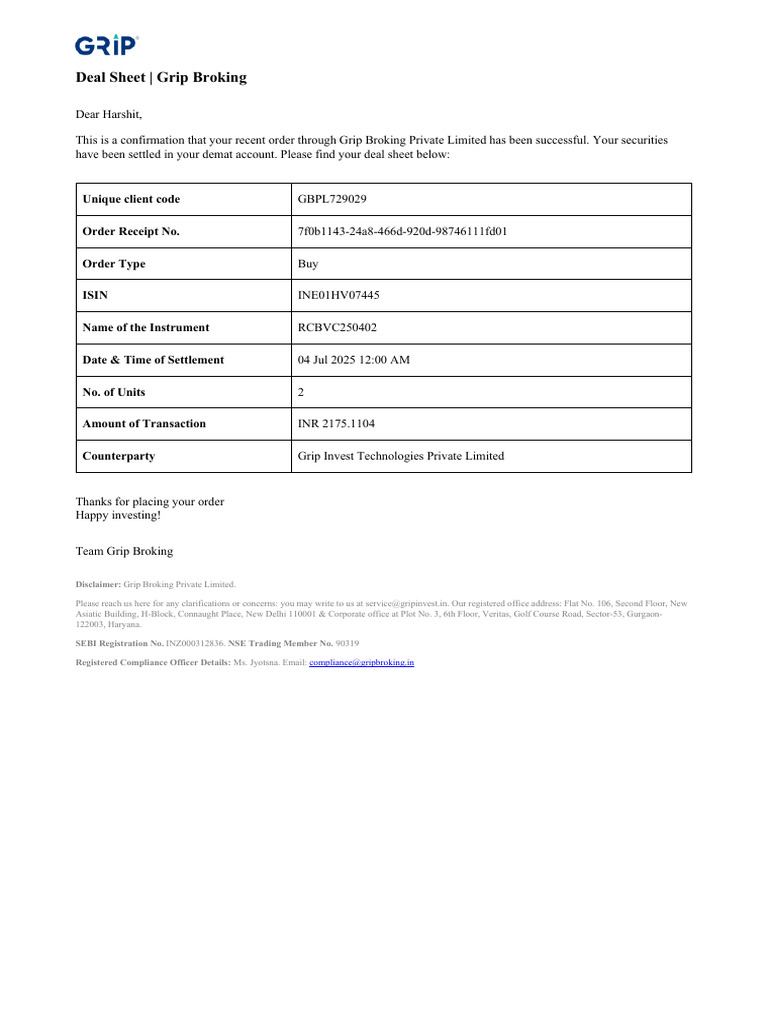 Grip Broking Order Confirmation Deal Sheet | PDF