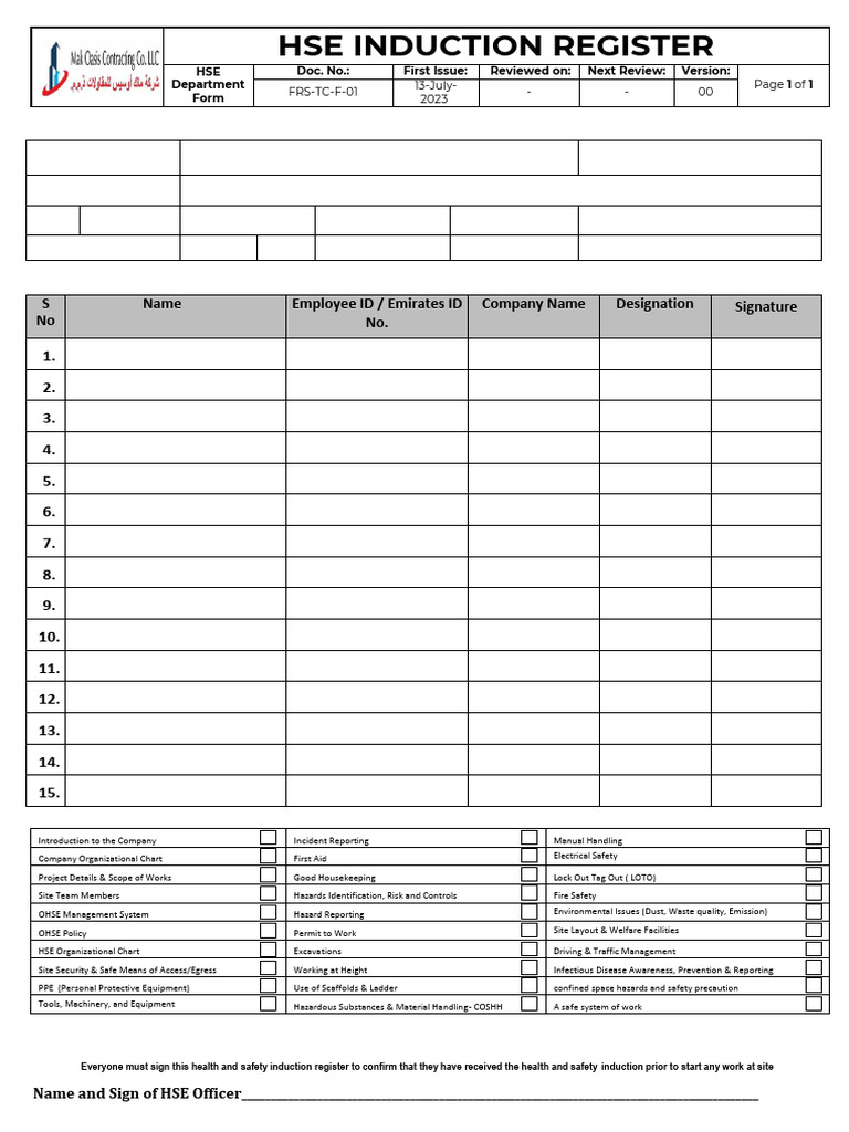 HSE Induction Training Register Form | PDF | Occupational Safety And ...