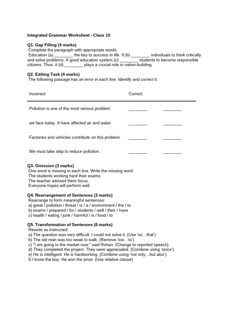 Class 10 Integrated Grammar Worksheet | PDF