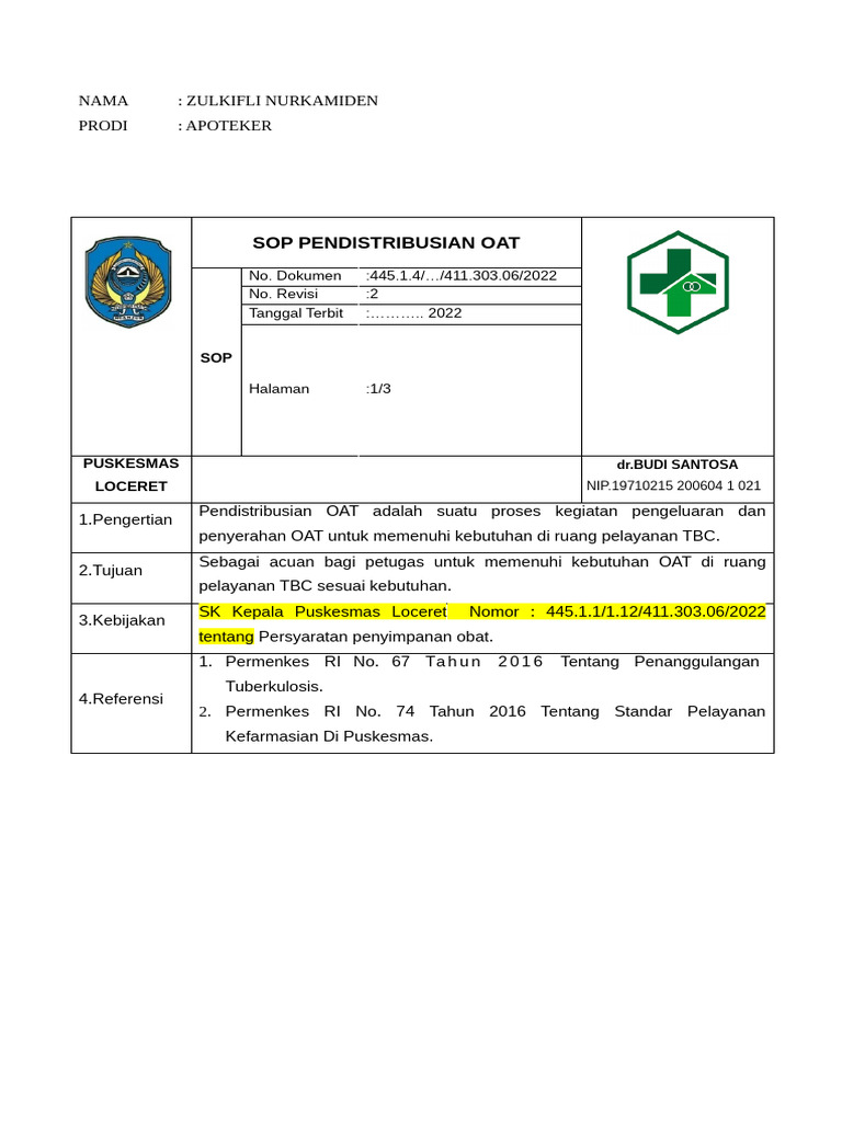 Sop Distribusi Obat Oat Dan Form Distribusi Vaksin Zul | PDF