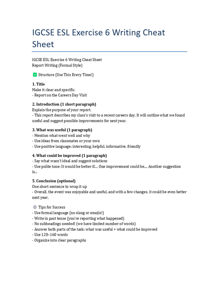 IGCSE Exercise6 Writing Cheat Sheet | PDF
