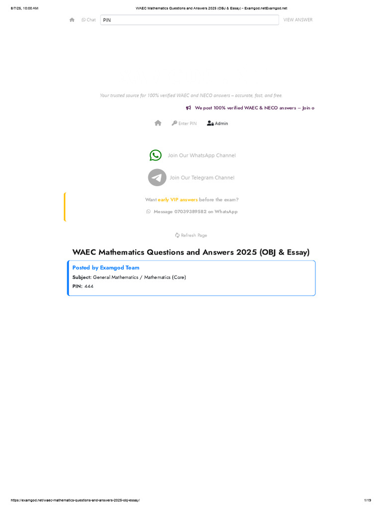 WAEC 2025 Mathematics Questions & Answers | PDF