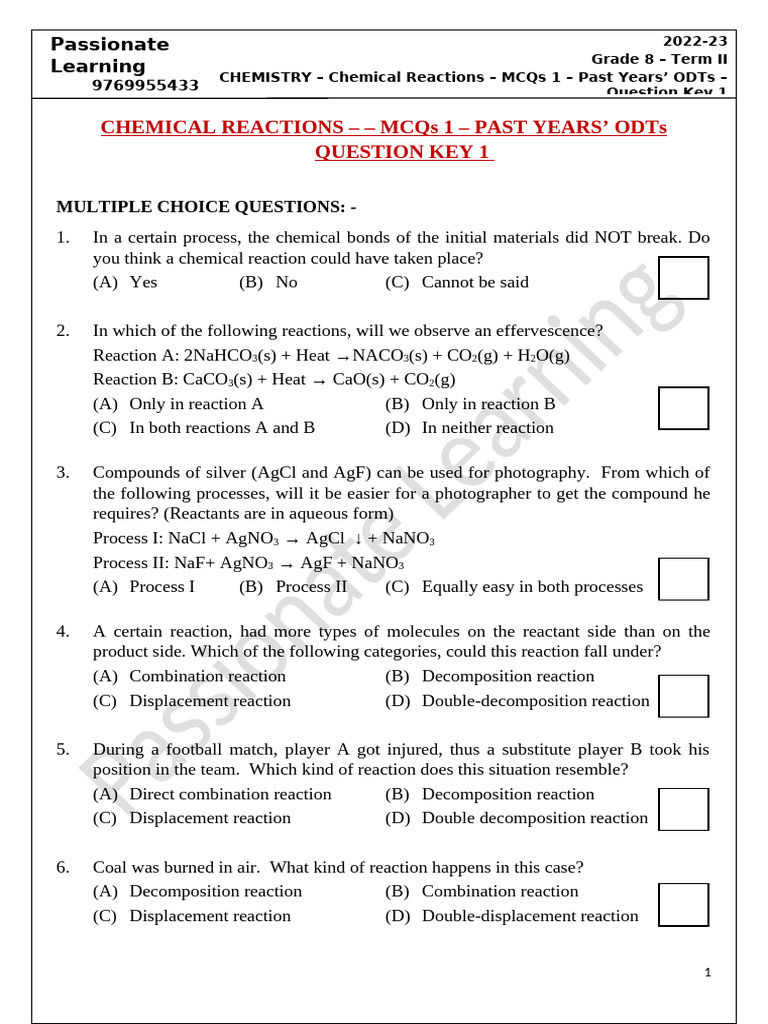 Chemical Reactions - Mcqs-Odts - Question Key 1 | PDF | Chemical Reactions | Chemistry