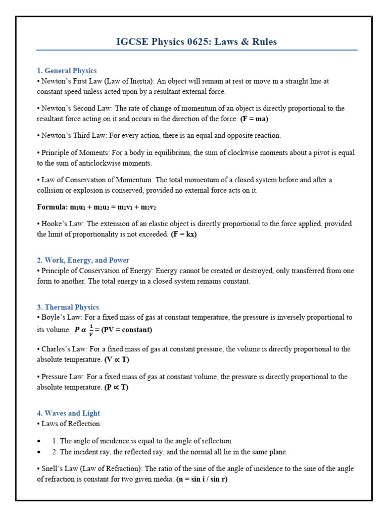 IGCSE Physics Laws and Formulas Guide | PDF | Electromagnetic Induction ...