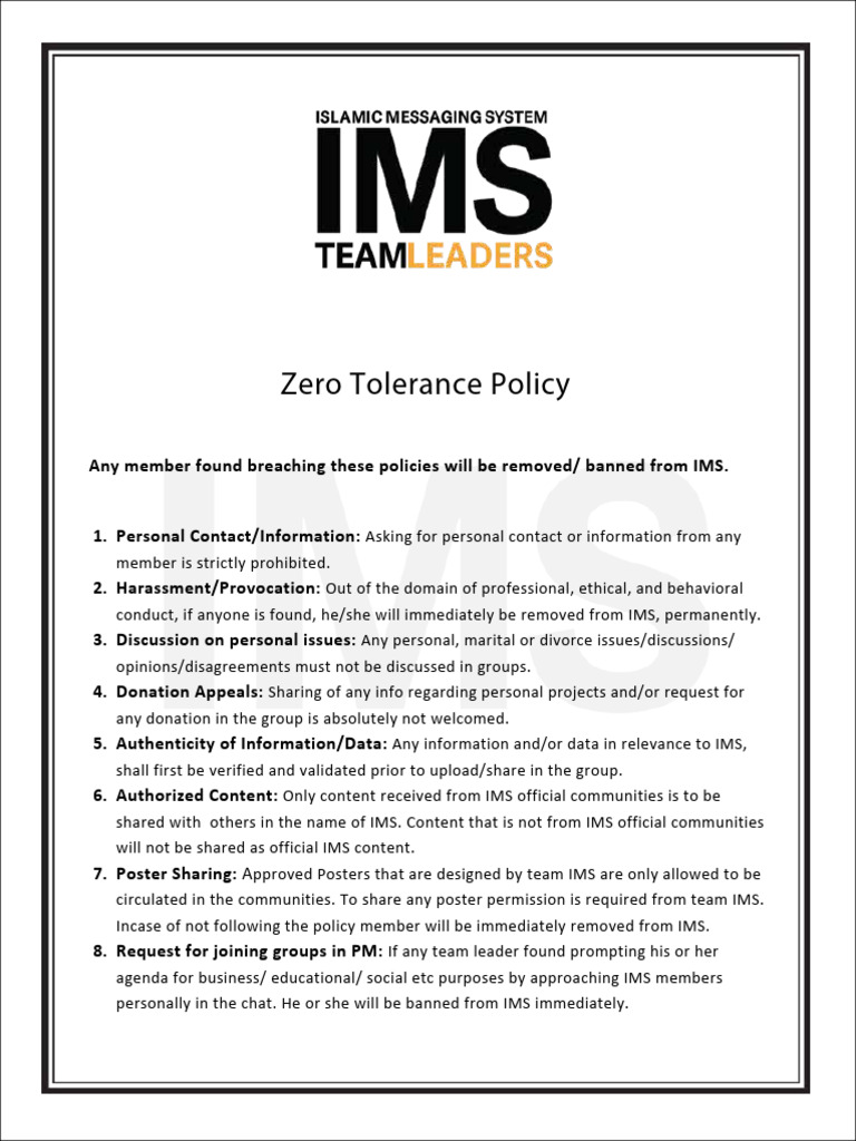 IMS - Zero Tolerance Policy | PDF