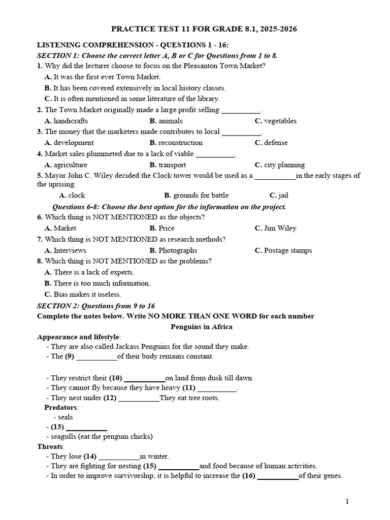 Practice Test 11 For Grade 8.1, 2025-2026 | PDF | Learning Styles | Seabird