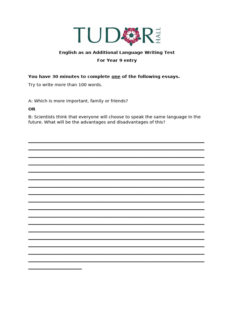 Year 9 EAL Writing Test Topics | PDF