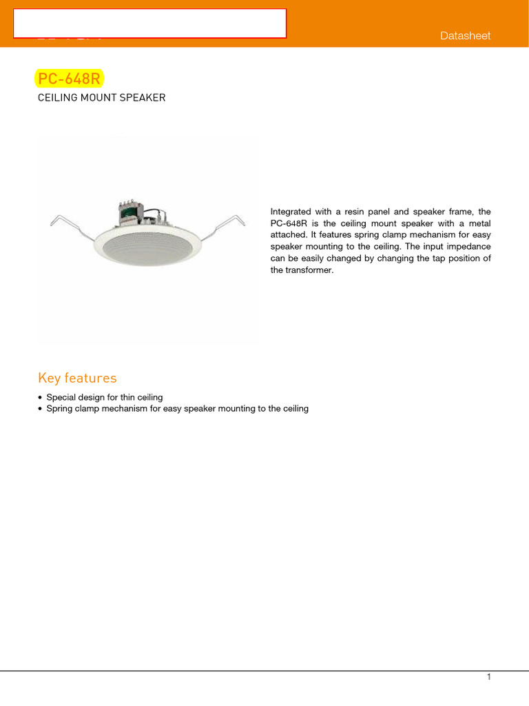 PC-648R Ceiling Mount Speaker Datasheet | PDF | Loudspeaker | Transformer