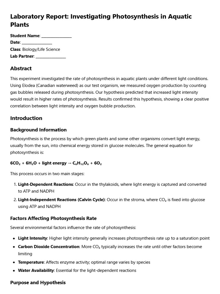 Photosynthesis Lab Report | PDF | Photosynthesis | Chemistry