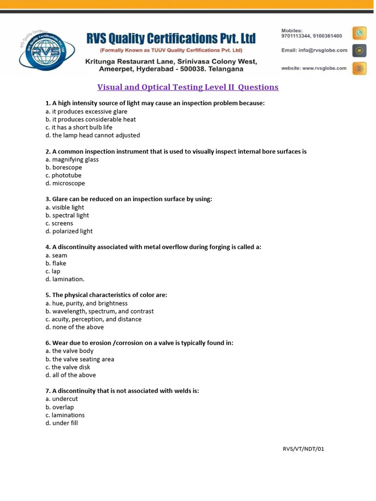 Visual Testing Level II Exam Questions | PDF | Nondestructive Testing ...