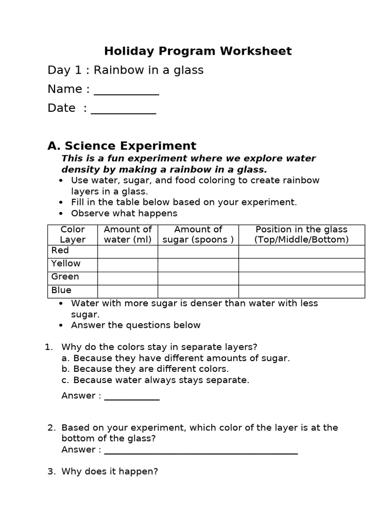 Rainbow Density Experiment Worksheet | PDF