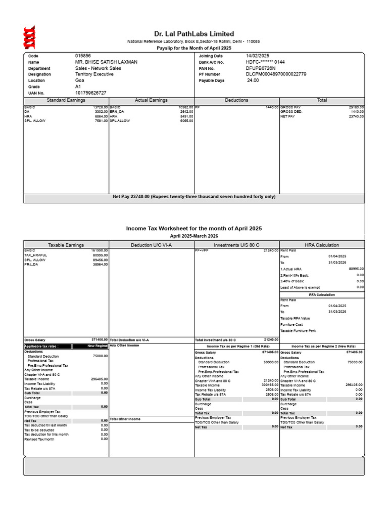 April 2025 Payslip and Tax Summary | PDF | Tax Deduction | Income Tax