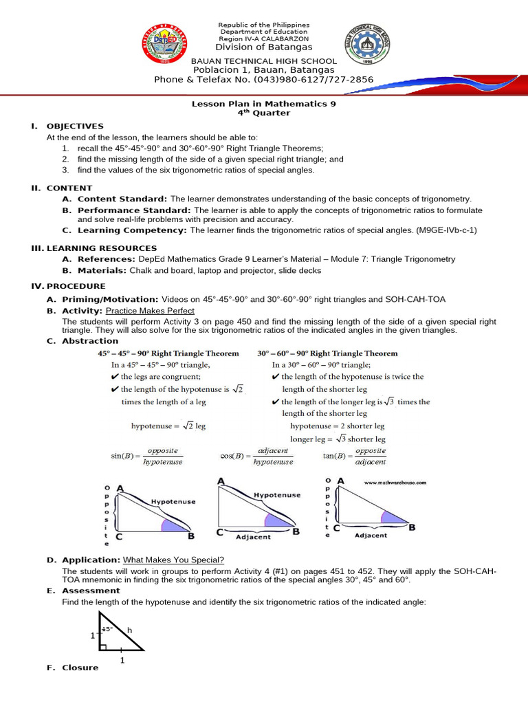Mathematics 9 Trigonometry Lesson Plan | PDF | Trigonometry ...