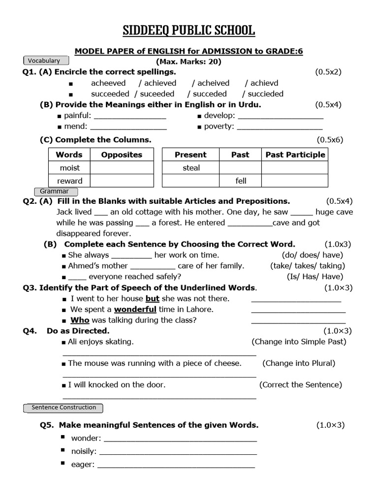 Grade 6 English Admission Model Paper | PDF | Languages Of Europe ...