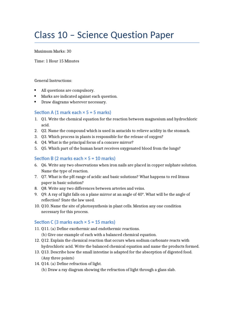 Class 10 Science Question Paper | PDF