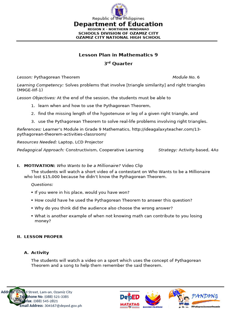 Lesson Plan Pythagorean Theorem Nelson | PDF | Mathematics | Elementary ...