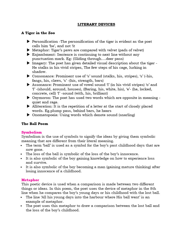 Literary Devices - Ball Poem and Tiger in The Zoo | PDF | Poetry | Poetics
